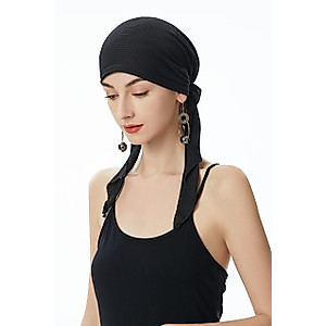 ZLYC Chemo Headwear Pre Tied Head Scarf Headwraps Lightweight Turban Beanie Cap for Women (Solid Black)