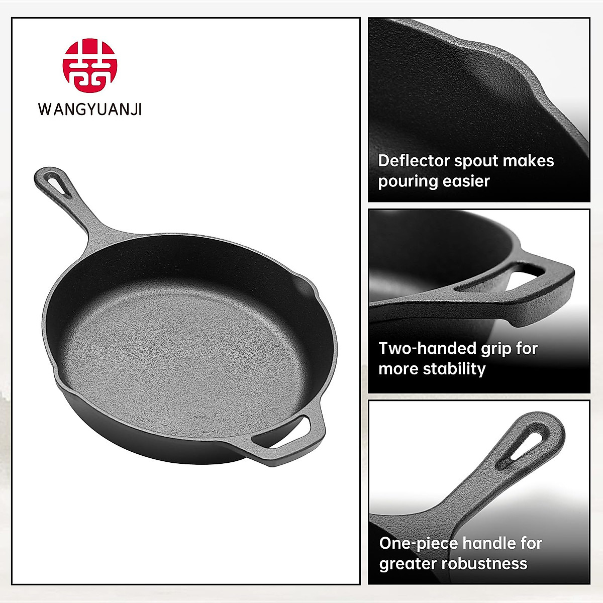 WANGYUANJI Cast Iron Grill Pan,10Inch Non-coating Frying Pan,Multi-Functional Pan for Bake,Fry,Stir-Fry,Sauté,Suitable for Outdoors with Oil Brush and Spatula