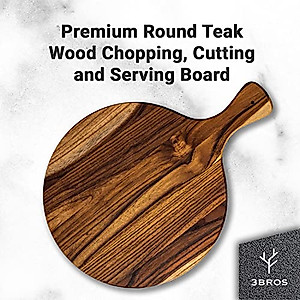 3Bros Teak Wood Round Cutting Serving Board - 13.4" Diameter with 4" Handle - High-Quality, Sustainable Wood - Ideal for Professional and Home Use - Elegant Presentation Platter