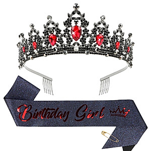 CIEHE Red and Black Birthday Decorations, Queen of Hearts Crown + Black Birthday Girl Sash Set, Birthday Crown and Sash for Women, Birthday Sash for Women Birthday Tiara, Birthday Girl Crown Birthday