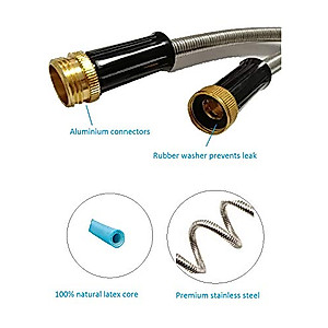 MTB 304 Stainless Steel Garden Hose 50-ft with Spray Nozzle and 3/4” Solid Aluminum Connectors, Metal Water Hose