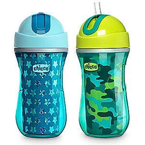 Chicco Insulated Flip-Top Straw Spill Free Baby Sippy Cup 9oz, Green/Teal, 12m+ (2pk)