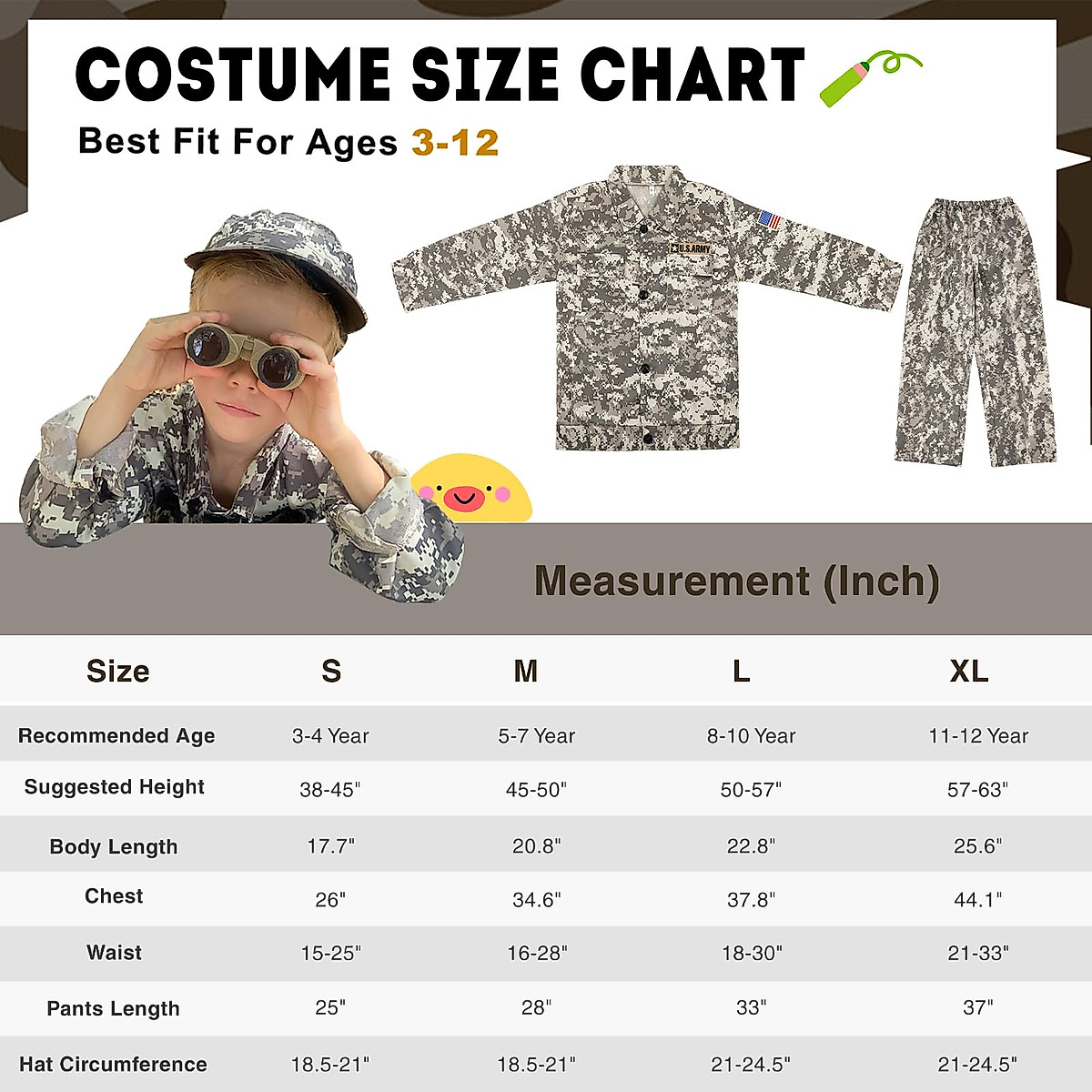 INNOCHEER Army Costume for Kids, Halloween Costumes for Boys Kids, Boys Military Soldier Costume for Boy Kids Age 3-6-8-10-12