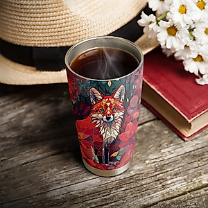 20oz Red Ruby Stained Glass Crystal Mosaic Fox Tumbler, Gifts for Fox Lovers, Coffee Thermos for Women, Stainless Steel Double Wall Vacuum Insulated Coffee Mug, Travel Cup with Lid