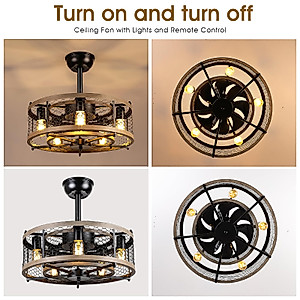 MADSHNE 20'' Caged Ceiling Fans with Lights Remote Control, Small Farmhouse Ceiling Fans with Light, Black Rustic Bladeless Ceiling Fans for Bedroom Kitchen