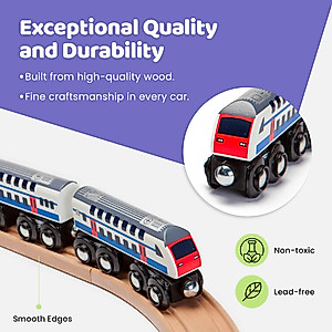 Maxim Enterprise, inc. Double Decker Wooden Train Set of 2 Engines & 1 Passenger Car, Multi-Level Commuter Transit Toy, Compatible with Thomas & Friends, BRIO, Other Major Brand Railways