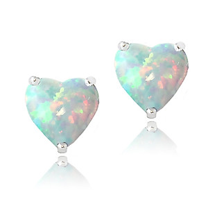 Sterling Silver Created White Opal Heart Stud Earrings, 7mm