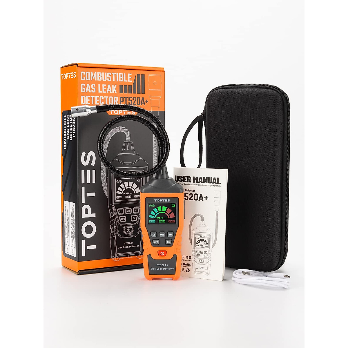 TopTes PT520A+ Rechargeable Gas Leak Detector, Natural Gas Detector with 17-inch Probe, Checking Combustible Gas Leaks Like Natural Gas, Propane, Methane, Butane for Home, HVAC and RV - Orange
