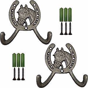 TIHOOD 2PCS 4.5" Horse Head Horseshoe Western Double Cast Iron Wall Hooks, Horse Shoe with Horse