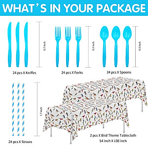 Xigejob Bird Party Decorations Tableware, Bird Birthday Party Supplies, Plate, Cup, Napkin, Tablecloth, Cutlery, Colorful Bird Bridal Baby Shower Birthday Wedding Summer Tea Party Dinnerware, Serve 24