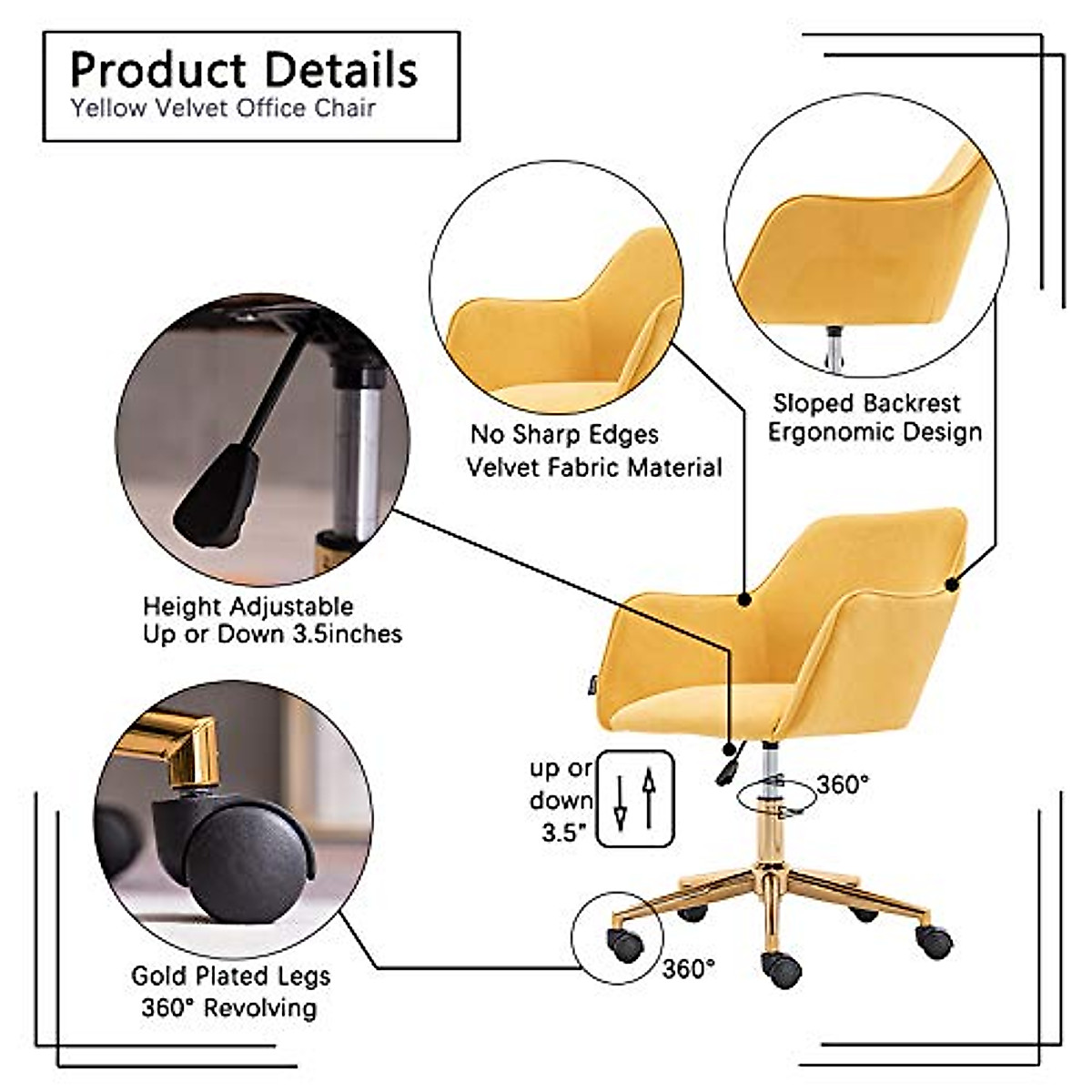 Modern Office Chair Velvet Material Yellow Dressing Chair Adjustable Height Living Room Swivel Chair 360° Medieval Table Chair with Wheels W521 24.8Dx22.8Wx33.9H''
