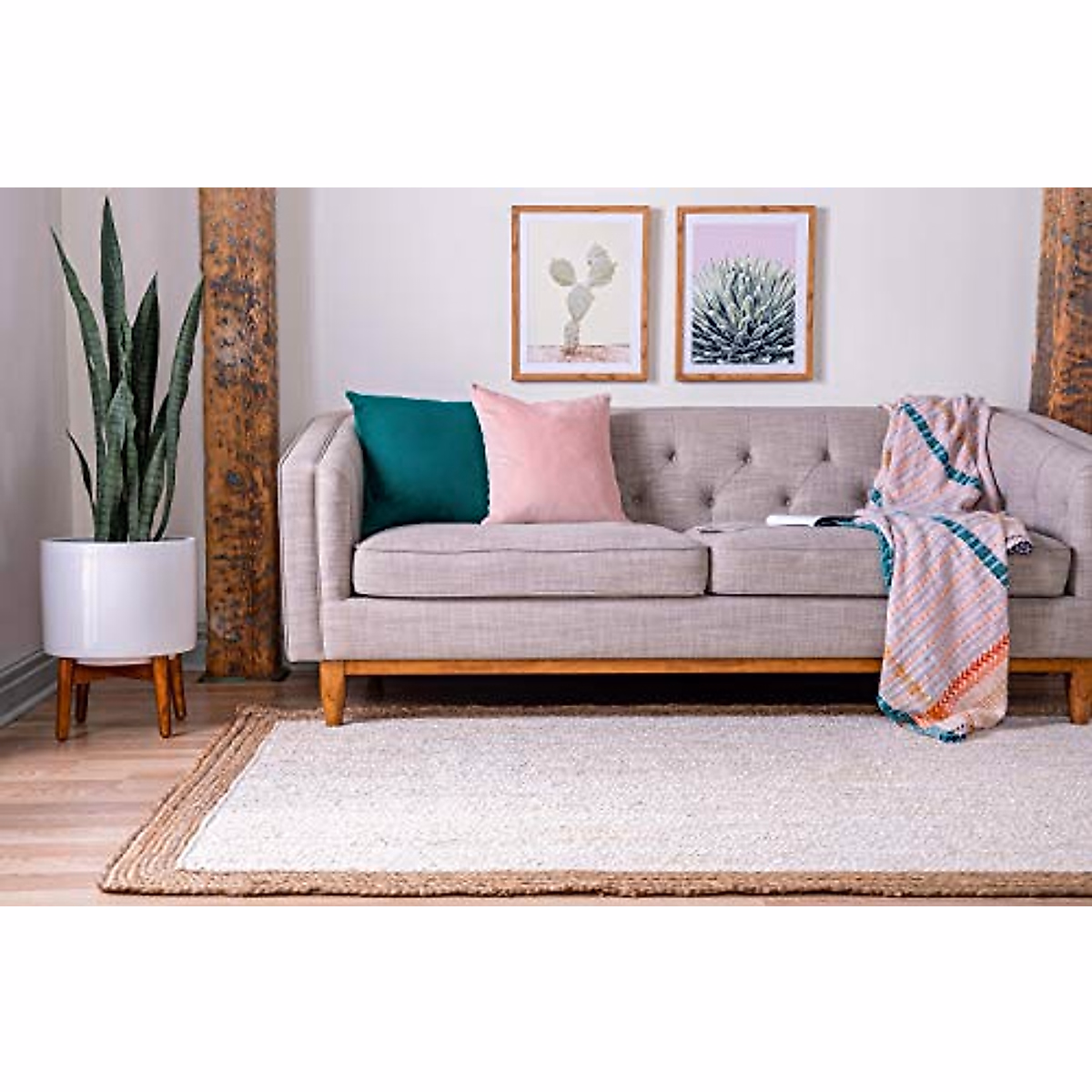 Unique Loom Braided Jute Collection Classic Quality Made Natural Hand Woven with Solid Color Detail, Area Rug, Rectangular 4' 0" x 6' 0", White/Beige