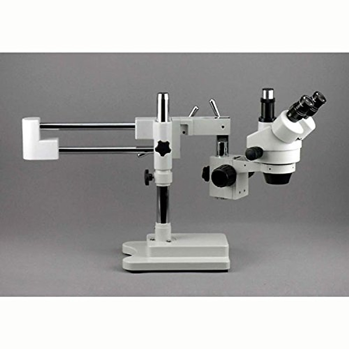 AmScope SM-4TP Professional Trinocular Stereo Zoom Microscope with Simultaneous Focus Control, WH10x Eyepieces, 7X-45X Magnification, 0.7X-4.5X Zoom Objective, Ambient Lighting, Double-Arm Boom Stand