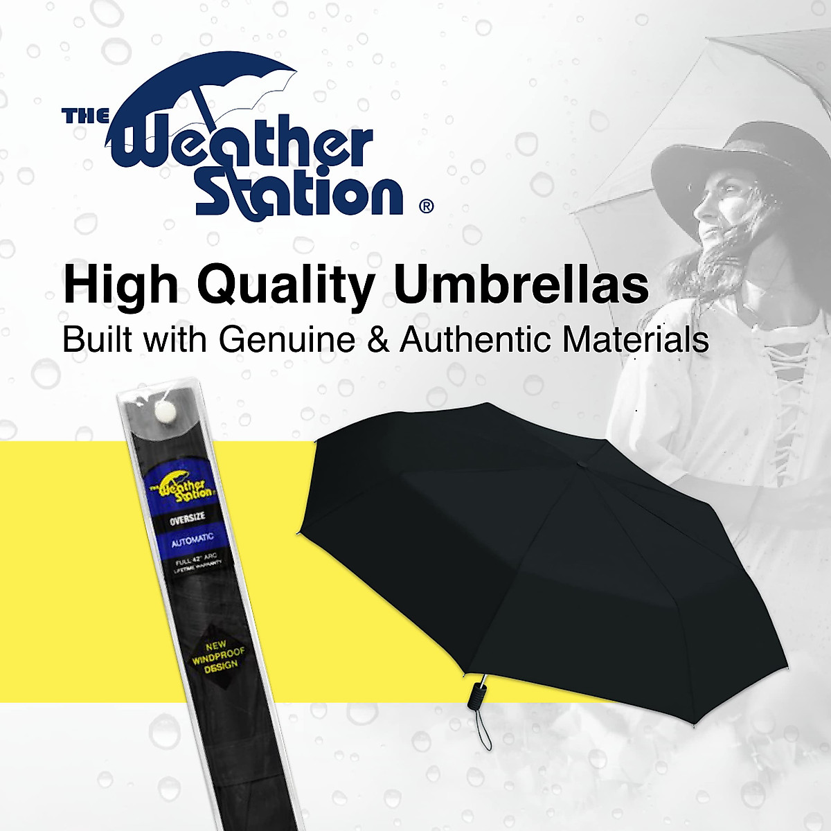 Weather Station Automatic Rain Umbrella, Windproof, Lightweight, and Packable for Travel, Full 42 Inch Arc, Black