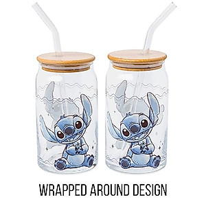 Silver Buffalo Disney Lilo and Stitch Sitting Glass Jar Tumbler with Bamboo Lid and Glass Straw, 16 Ounces