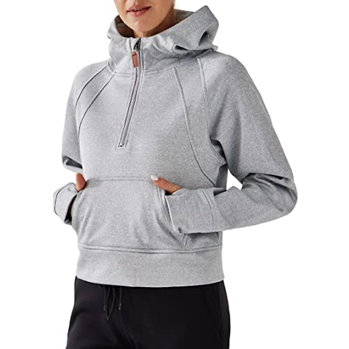 URBEST Women's Hoodies Fleece Lined Collar Pullover Half Zipper Sweatshirts Long Sleeve Crop Sweater Tops with Thumb Hole LIGHT GREY S