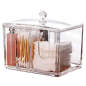 Watpot Qtip Cotton Pad Holder Dispenser Cotton Ball and Swab Storage with Lid Clear Acrylic Cotton Round Organizer, 4 Sections
