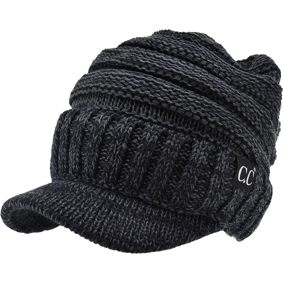 C.C Trendy Warm Oversized Chunky Soft Oversized Ribbed Slouchy Knit Hat with Visor Brim (Black/Charcoal)