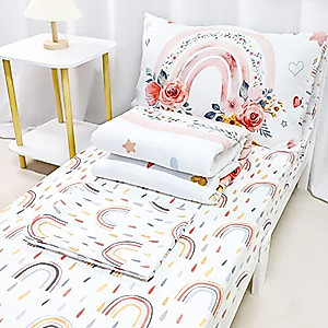 4 Pieces Toddler Bedding Set for Girls, Rainbow Toddler Comforter Set, Include Quilted Comforter, Flat Sheet, Fitted Sheet, Pillowcase, Ultra Soft and Breathable, Boho Floral, Pink