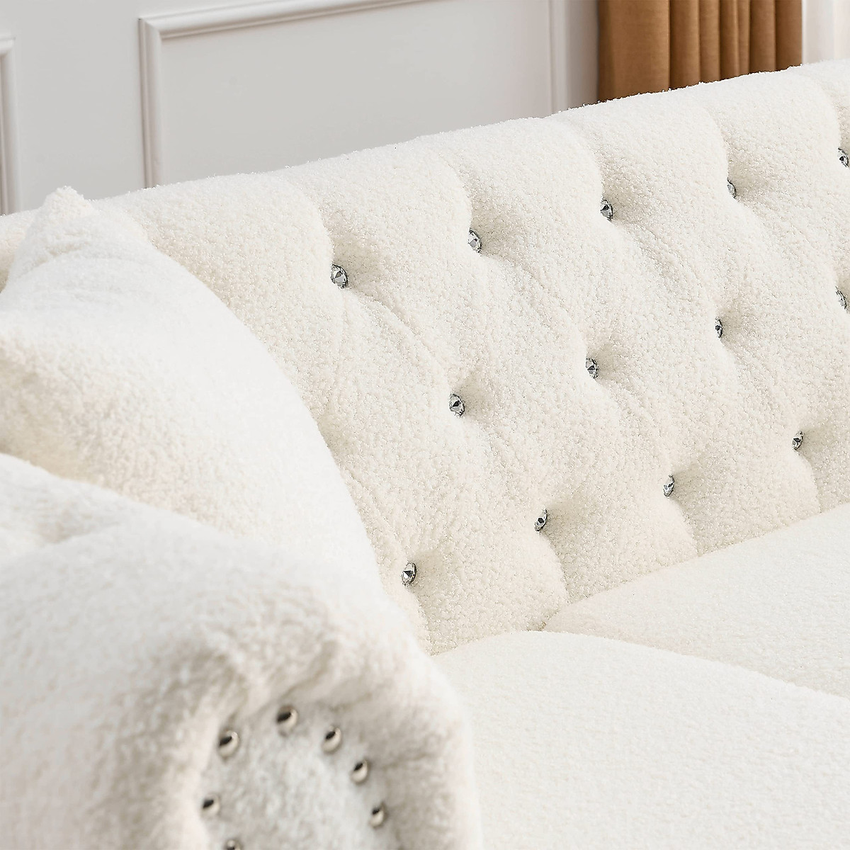 Xozor 80" Chesterfield Sofa,3 Seater Sofa Tufted Couch Upholstered Sofa Couch,with Rolled Arms and Nailheads,Two Pillows, for Living Room, Bedroom, Office, Apartment. Teddy White