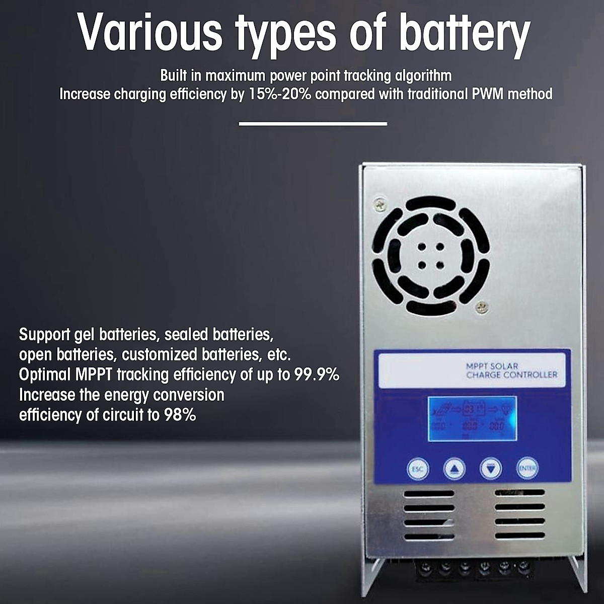 MPPT Solar Controller 12 24 36 48V Increase 15% to 20% Efficiency Tracking Efficiency 99.9% IP21 Waterproof Auto Adjustment Intelligent Identification Protection Function