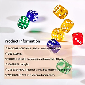 Dice Set 100 Pcs, 16MM (5/8 inches) 6 Sided Translucent Colors Game Dice,10 Colors, with Black Pouch
