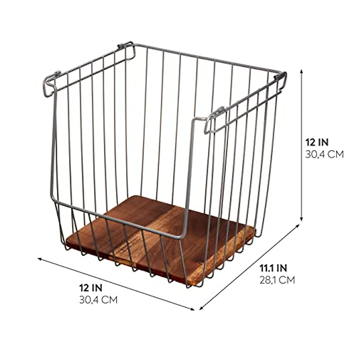 The Ría Safford Collection by iDesign Open Front Wire Basket with Acacia Wood, 12" x 12" x 12", Charcoal