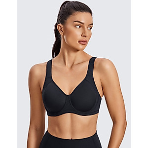SYROKAN High Impact Sports Bras for Women Support Underwire Cross Back Large Bust Cool Comfort Molded Cup Solid Black 36F