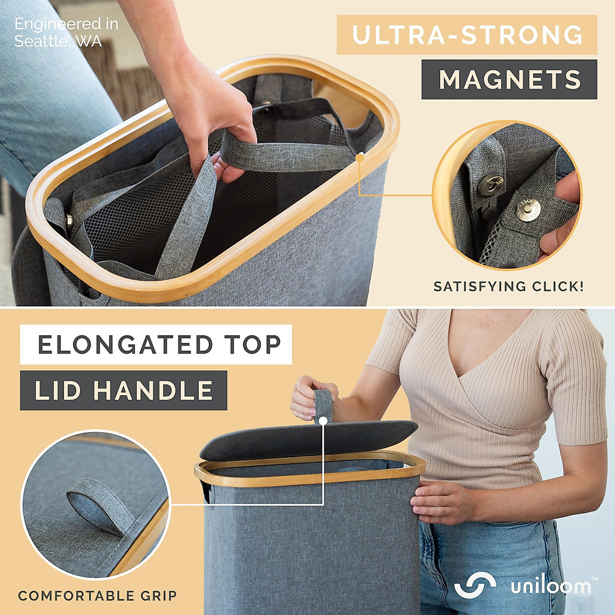 uniloom Slim Laundry Hamper with Lid & Bamboo Rim - 60L Waterproof Oxford Narrow Laundry Basket with Removable Bag & Long Handle - Sturdy Dirty Clothes Hamper with Lid & Magnetic Mesh Bag - Gray