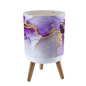 Small Trash Can with Lid Purple gold abstract of marble liquid ink art painting on paper Image Round Recycle Bin Press Top Dog Proof Wastebasket for Kitchen Bathroom Bedroom Office 7L/1.8 Gallon