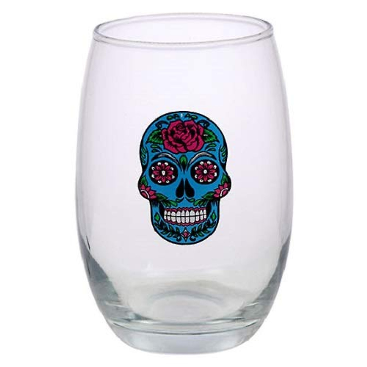 SET OF 3 Day of the Dead Stemless Skull Flower Wine Glasses, 15 oz glass Halloween Gasparilla