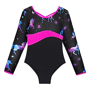 Yihuimin Kids Girls Tie Dye 2 Pcs Athletic Biketard Long Sleeve Gymnastics Leotard with Shorts Night Pegasus 6 Years