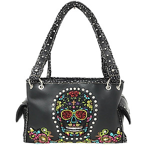 Texas West Women's Embroidered Metal Skull Purse Handbag and Wallet set in 7 colors (Black messenger bag)