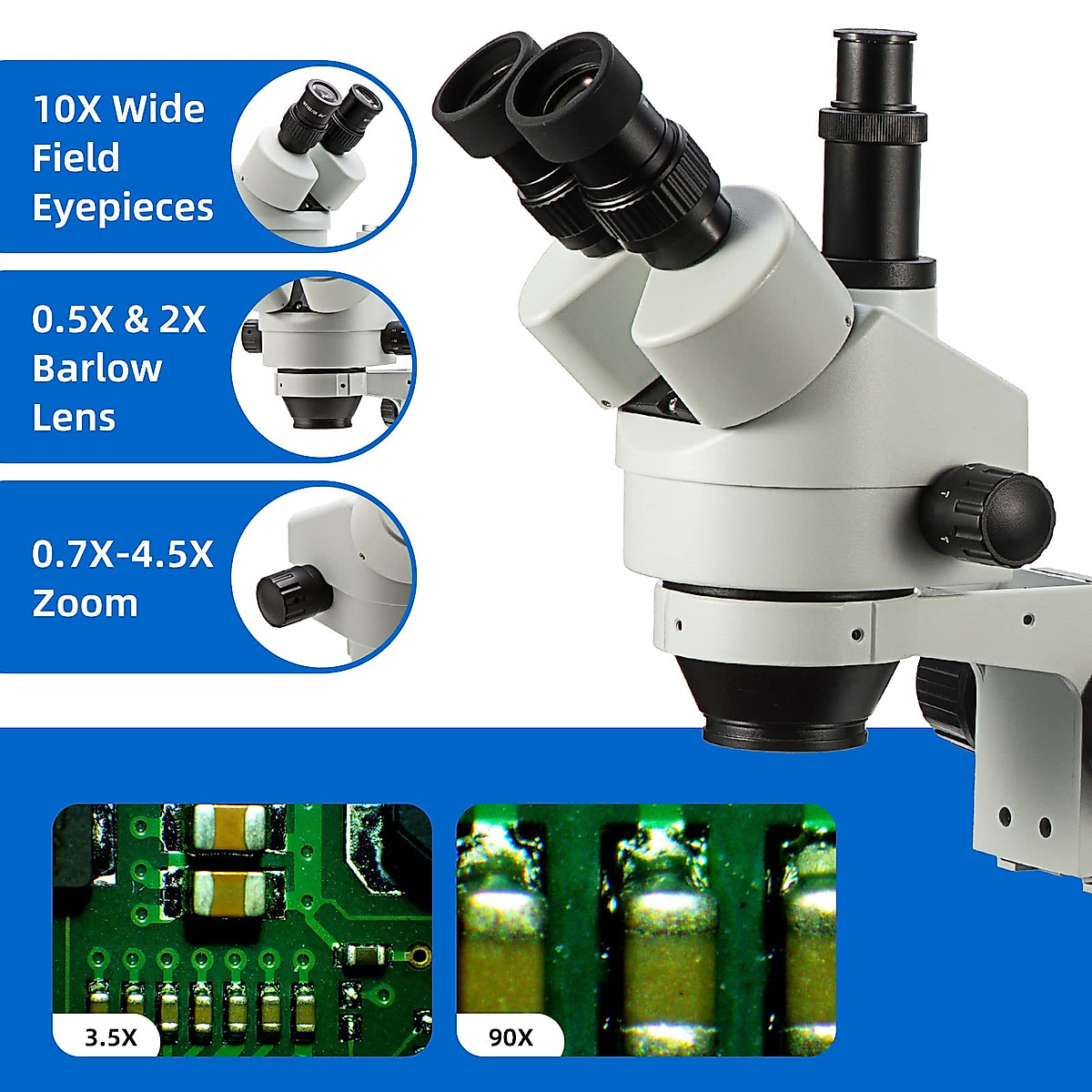 Swift S7 3.5X-90X Professional Simul-Focal Trinocular Stereo Zoom Microscope with WH10x Eyepieces, 0.7X-4.5X Objective,144 LED Ring Light, Double Arm Boom Stand, Includes 0.5X and 2.0X Barlow Lens