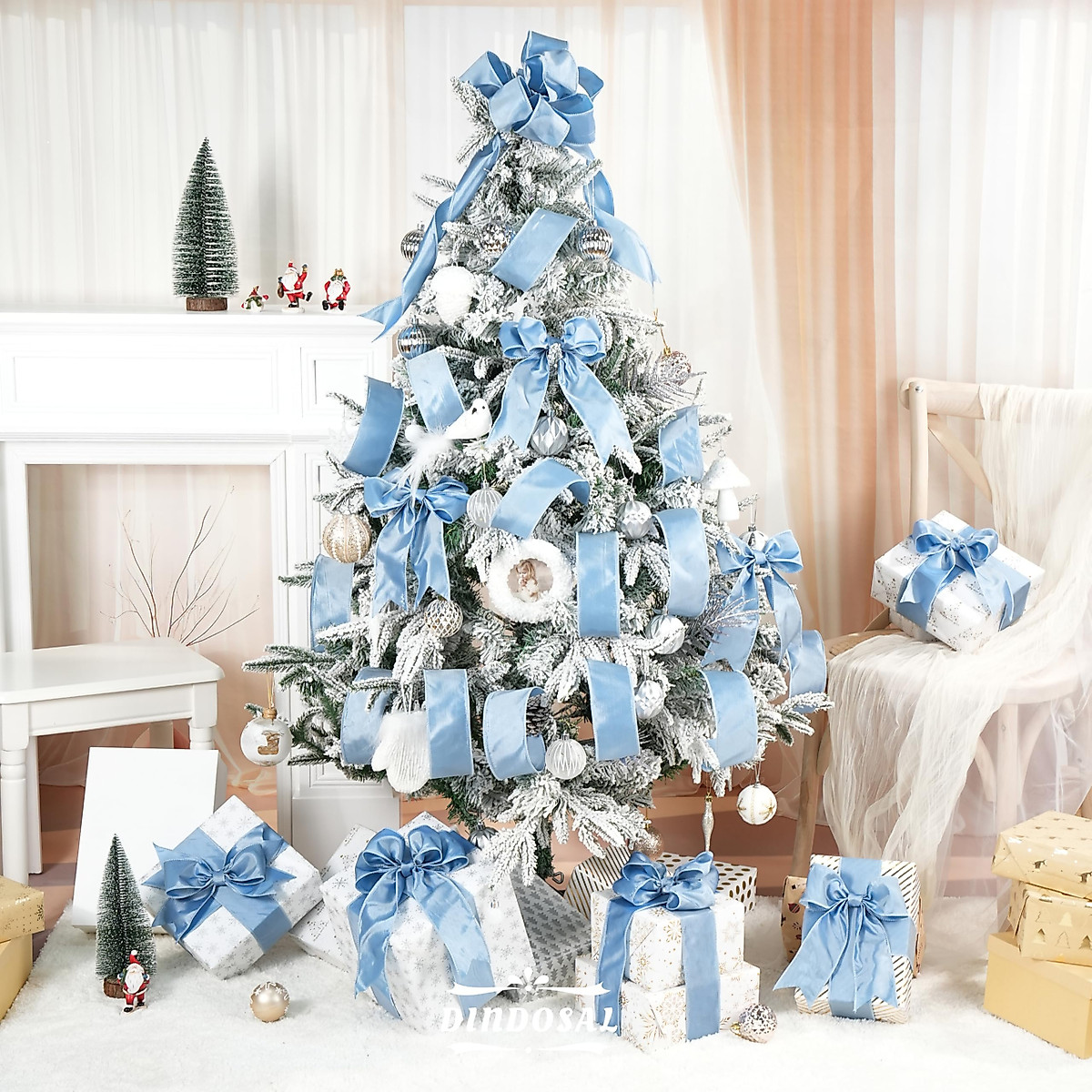 DINDOSAL Dusty Blue Christmas Ribbon Wired 2.5" x 10 Yard French Blue Wired Ribbon Blue Ribbon for Christmas Tree Decorations, Topper Bows, Wreaths, Crafts, Home Decor, Gift Wrapping