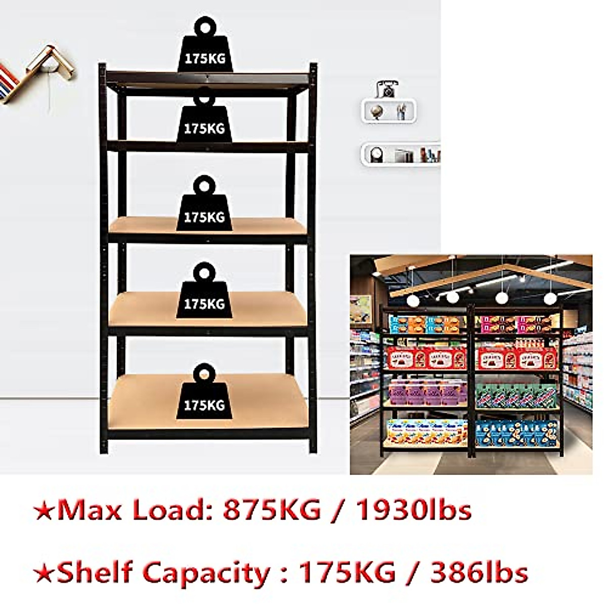 5-Tier Adjustable Heavy Duty Storage Shelving Unit, 70H x 35W x 16D inch Garage Storage Shelves Metal Shelving Unit, MDF Rack Storage Shelving Unit Organizer Shelves for Office Garage Kitchen (Black)