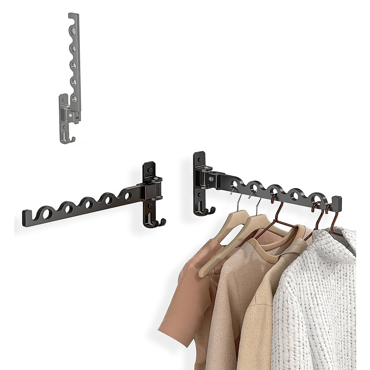 Dr.DJ Wall Hanger for Clothes, Coat Hanger Wall Mounted Matte Black Retractable Clothes Drying Organizer Rack Garment Hooks Aluminium Folding Indoor Wall Hanger Space Saver (2 Racks) Black