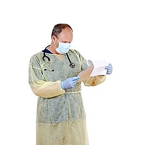 Disposable Isolation Gown | Yellow | One Size Fits All | Fluid Resistant Protective Gowns (10 Pack)