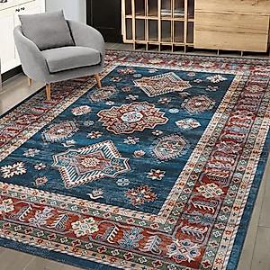 RUGSREAL 5x7 Rug Washable Rug Indoor Non-Slip Stain Resistant Large Area Rug for Living Room Throw Carpet Medallion Distressed Rug Oriental Accent Rug for Bedroom Office Nursery, Blue