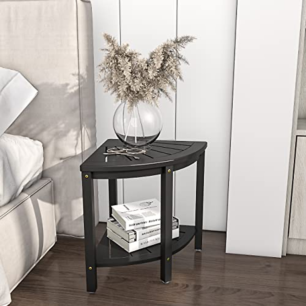 Bamboo Corner Shower Bench Waterproof Stool with Space-Efficient Storage Shelf - Shower Stool Seat for Indoor or Outdoor Use(Black)