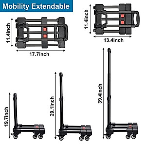 Luggage Cart RICEEL Folding Hand Truck with 6 x 360 Degree Swivel Wheels,Adjustable Handle,Foldable for Easy Storage,and 3 Elastic Ropes,220lb Weight Capacity for Travel,Moving