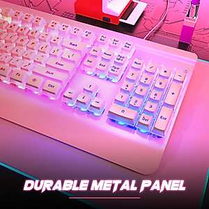 Pink Creamy Keyboard, 104 Keys All-Metal Panel, Rainbow LED Backlit Silent Gaming Keyboard, Wrist Rest, PBT Keycap, Anti-ghosting Keys, Light Up USB Wired Computer Keyboard for PC