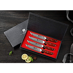 XINZUO Damascus Steel 4Pcs Steak Knife Set, 5 Inch Premium Dinner Knife Set Sharp Kitchen Table Knives -Straight Edge Blade -Triple Rivet -with Gift Box -Ergonomic Rosewood Handle-Yi Series