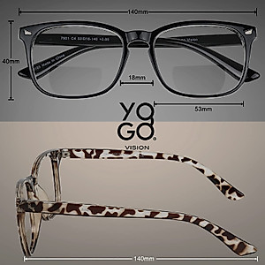 Yogo Vision Bifocal Reading Glasses for Women Men Rectangle Multifocal Readers Fashion Nerd Eyeglasses 3 Pack: Black, Clear, Grey Havana 2.75