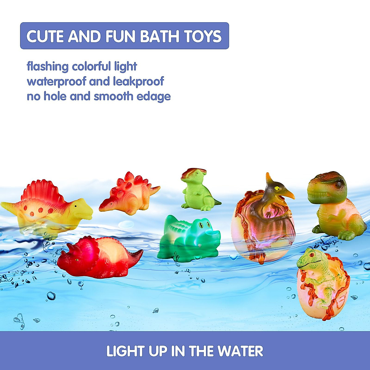 yoliyogo Dinosaur Toy Bath Floating Toy with Auto Flashing Early Learning Toy Dinosaur Theme Model 8 Pcs Bathtub Shower Toy Gift for Kids&Pets