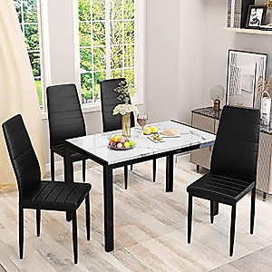 AWQM Marble Dining Table Set for 4, Rectangular Faux Marble Table and 4 PU Leather Chairs, 5 Pieces Kitchen Table Set,Ideal for Living Room, Dining Room,Breakfast Nook, White&Black