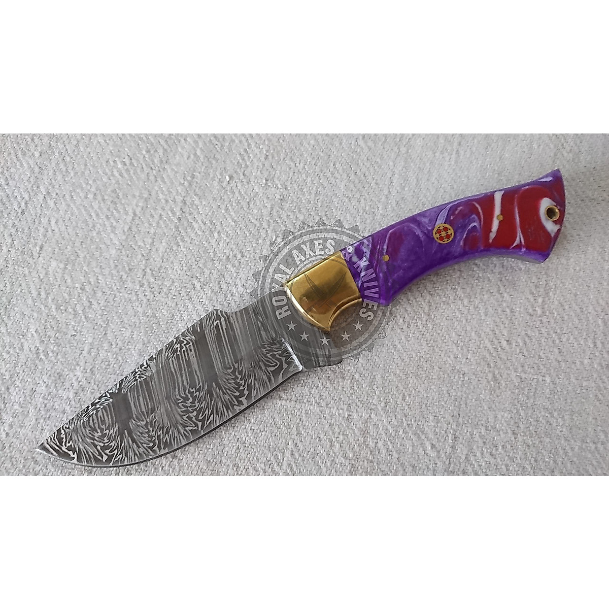 NA-1 Royal Knife Custom Hand Made Damascus Steel Bowie Knife With Multi Purple Resin Handle Material Hand Made Fixed Blade Survival Knife With Leather Sheath (R K 002)