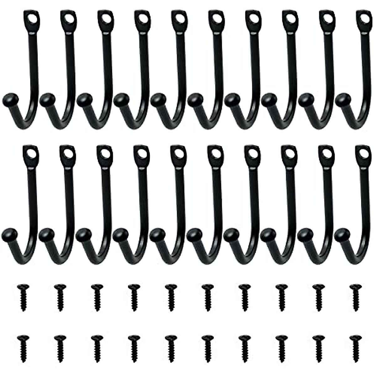 LRONG 20pcs Single Hole Simple Iron Hooks Wall Door Key Coat Bag Hanger Hook with Mounting Screws, Black