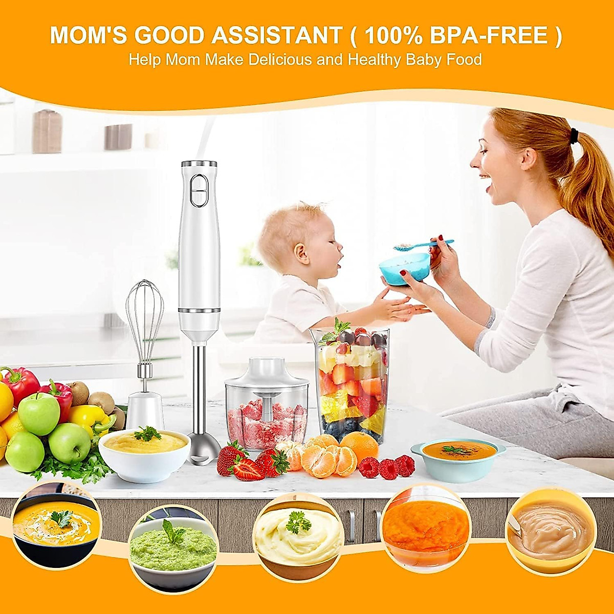 Immersion Blender Handheld, 5-in-1 Hand Blender for Kitchen, 2-Speed Stirrers Electric Whisk with 16.9OZ Food Chopper, 20.3OZ Container, Egg Whisk for Puree Infant Food Smoothies Sauces Soups