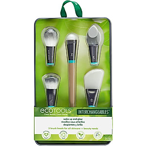 EcoTools Wake Up + Glow Interchangeables Makeup Brush Set with Case, With Beauty Blender Makeup Sponge, Silicone Applicator Face Mask Brush, Eye Roller Depuffer (Set of 6)